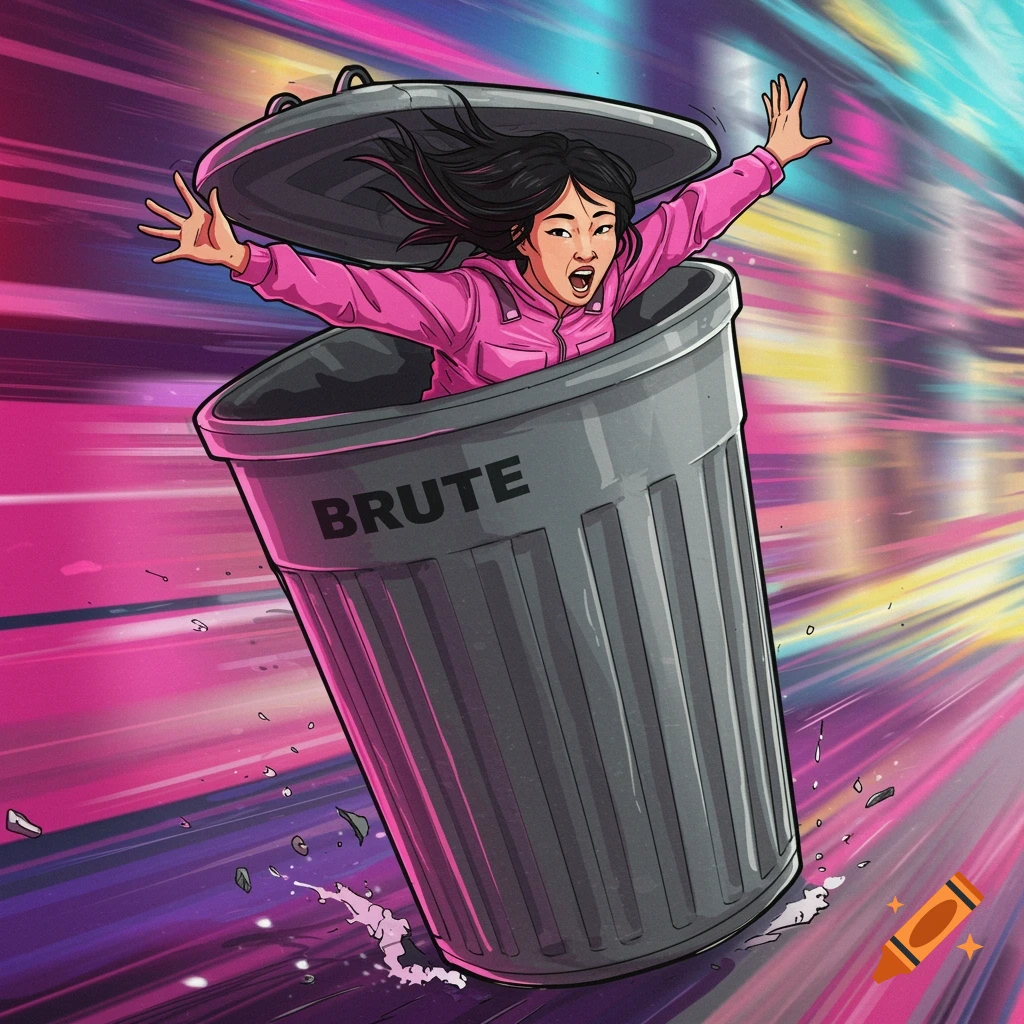 Asian woman inside a grey BRUTE trash can on Craiyon
