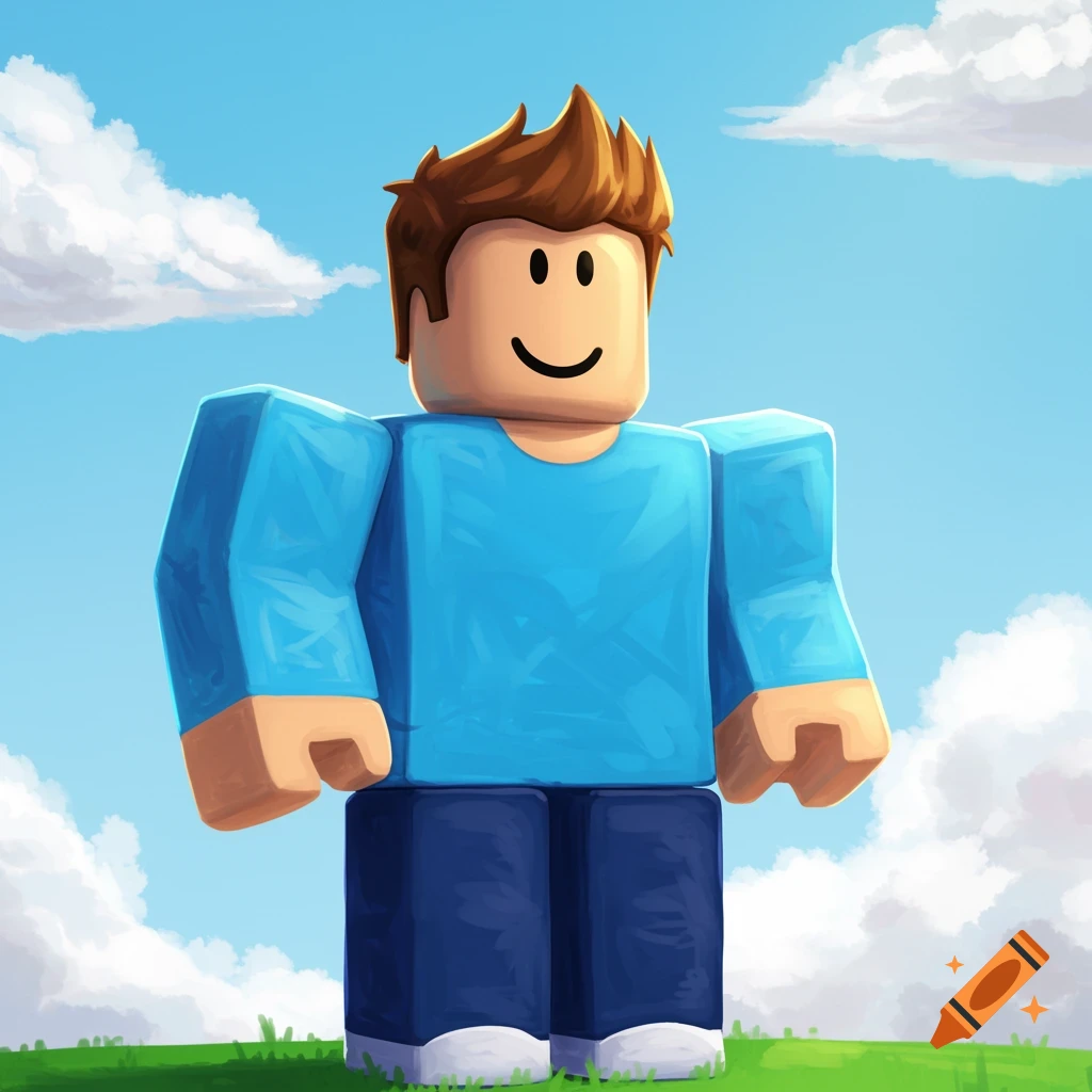 A cartoon of a Roblox character in a blue shirt standing in a grassy ...