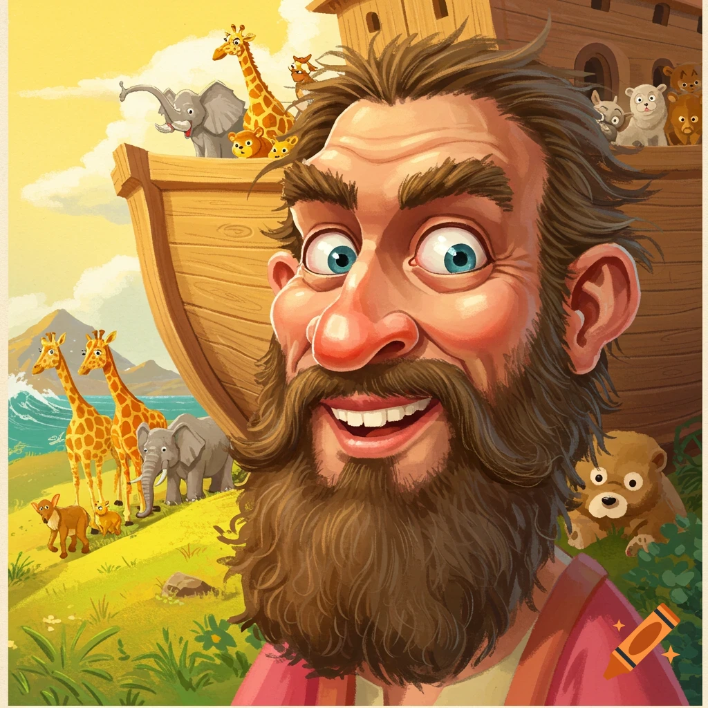 Cartoon of a man with a watch in front of Noah's Ark with giraffes ...