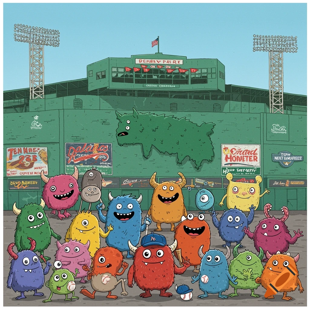 Cartoon of Fenway Park's Green Monster with monsters on Craiyon