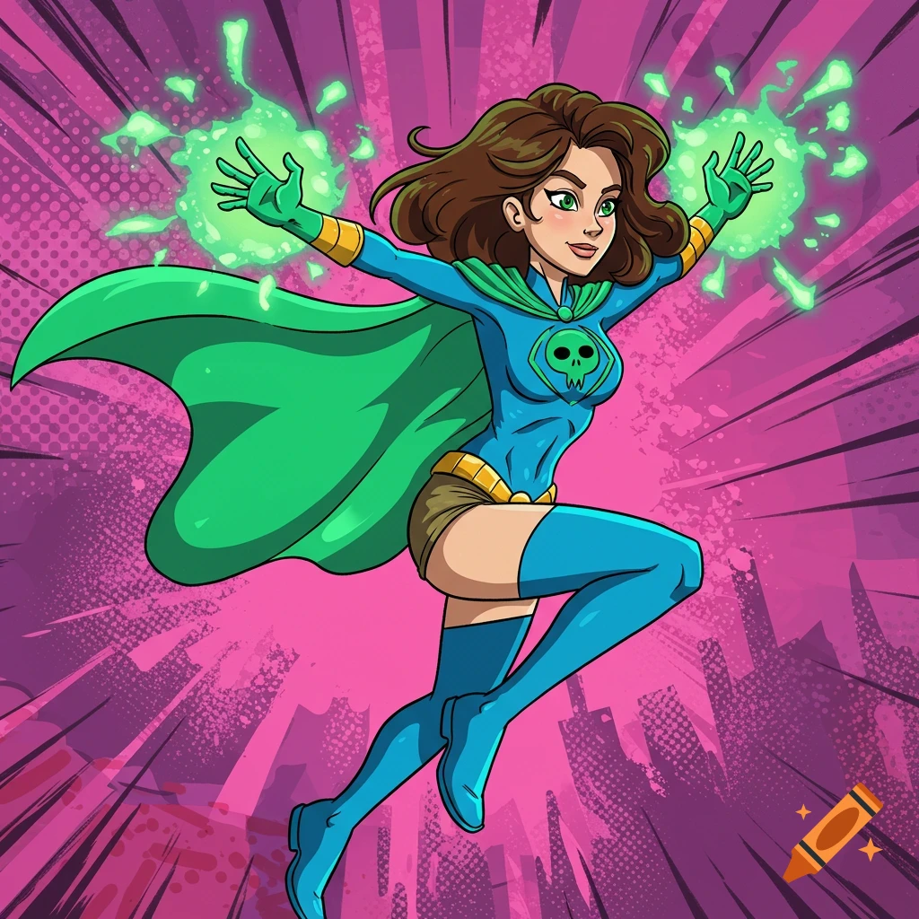 Cartoon superhero woman with brown hair and poison symbol cape on Craiyon