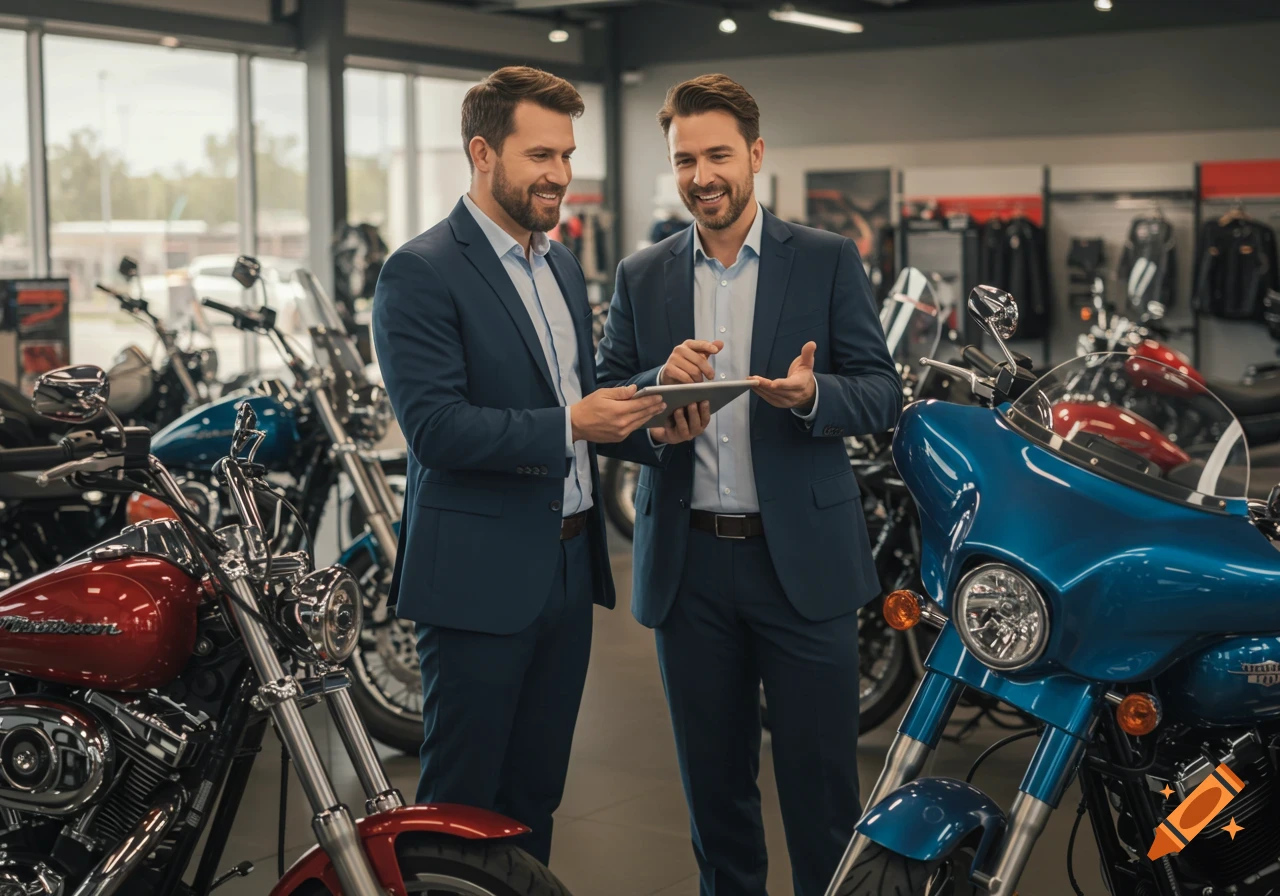 Salesman with tablet talking to customer in motorcycle dealership on ...