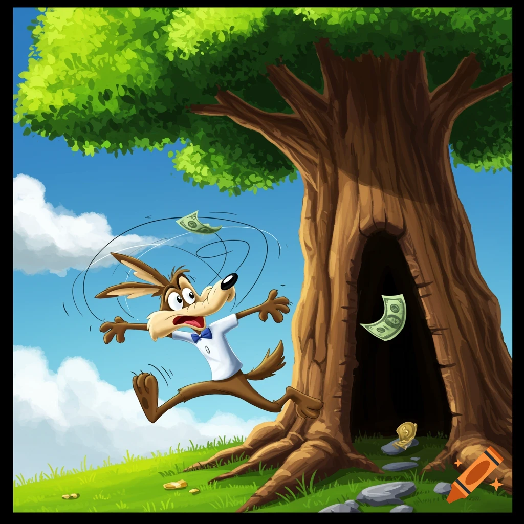 Coyote running into tree with money coming out of hole on Craiyon