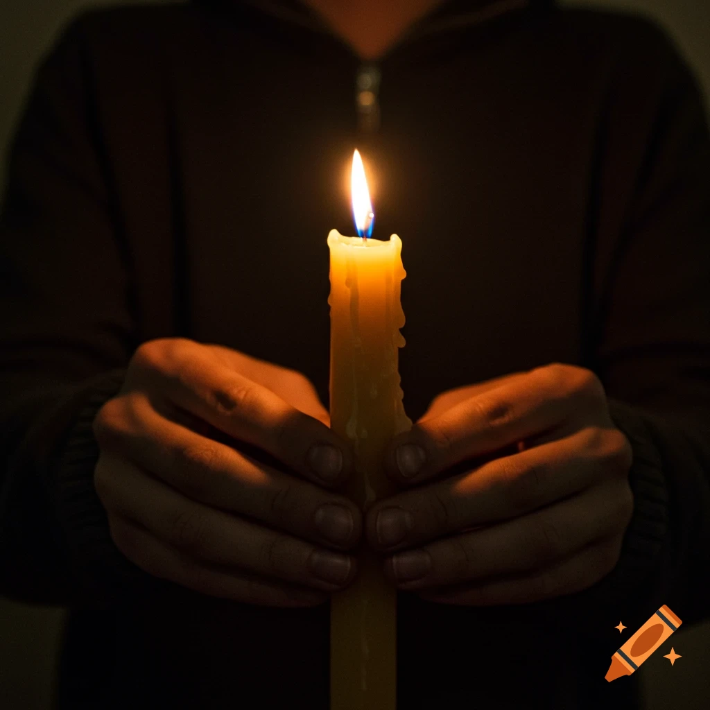 Person holding lit wax candle in dark room on Craiyon