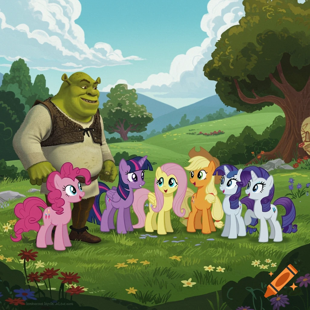 Shrek stands with the My Little Pony Mane 6 in a whimsical, grassy ...