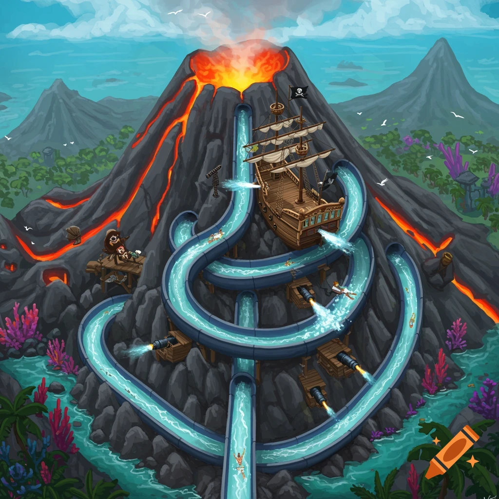 Pirate-themed waterslide starting at a volcano and going through a ...