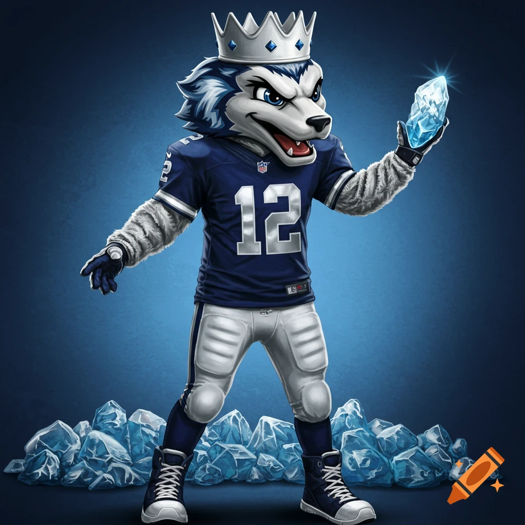 A wolf mascot in a football jersey is stomping on a player on a field ...