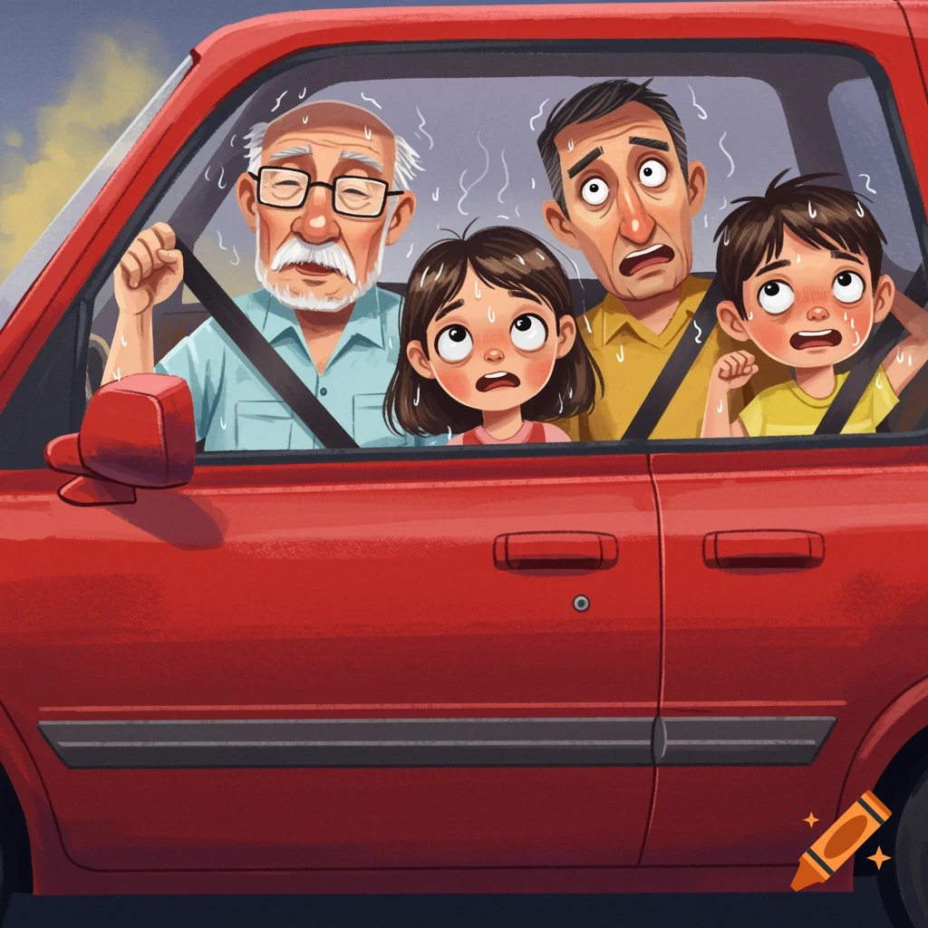Grandfather, uncle, and two children in a hot red car. on Craiyon