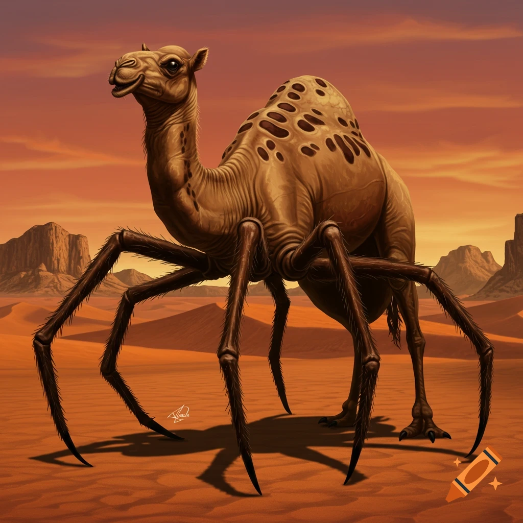 A spider-camel creature standing in a desert landscape at sunset. on Craiyon