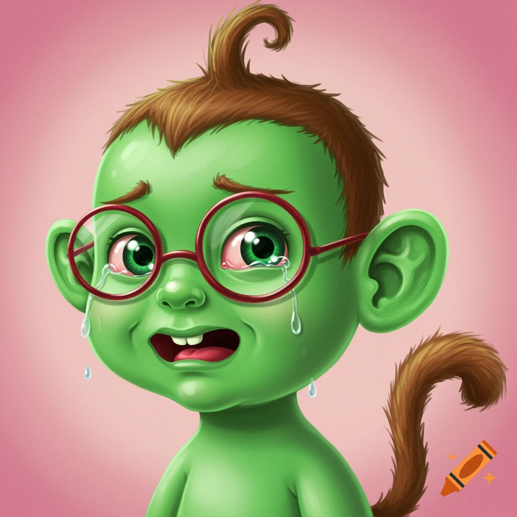 Green baby with glasses and monkey tail on Craiyon