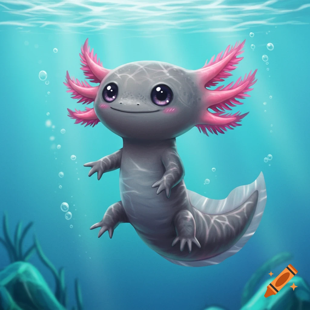 A cute cartoon axolotl with pink gills swimming underwater. on Craiyon