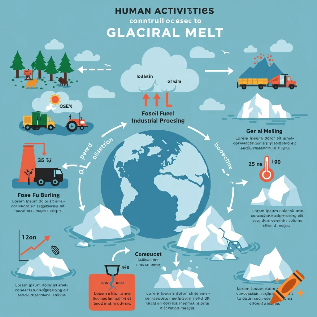 Melting glaciers infographic showing human activities on Craiyon
