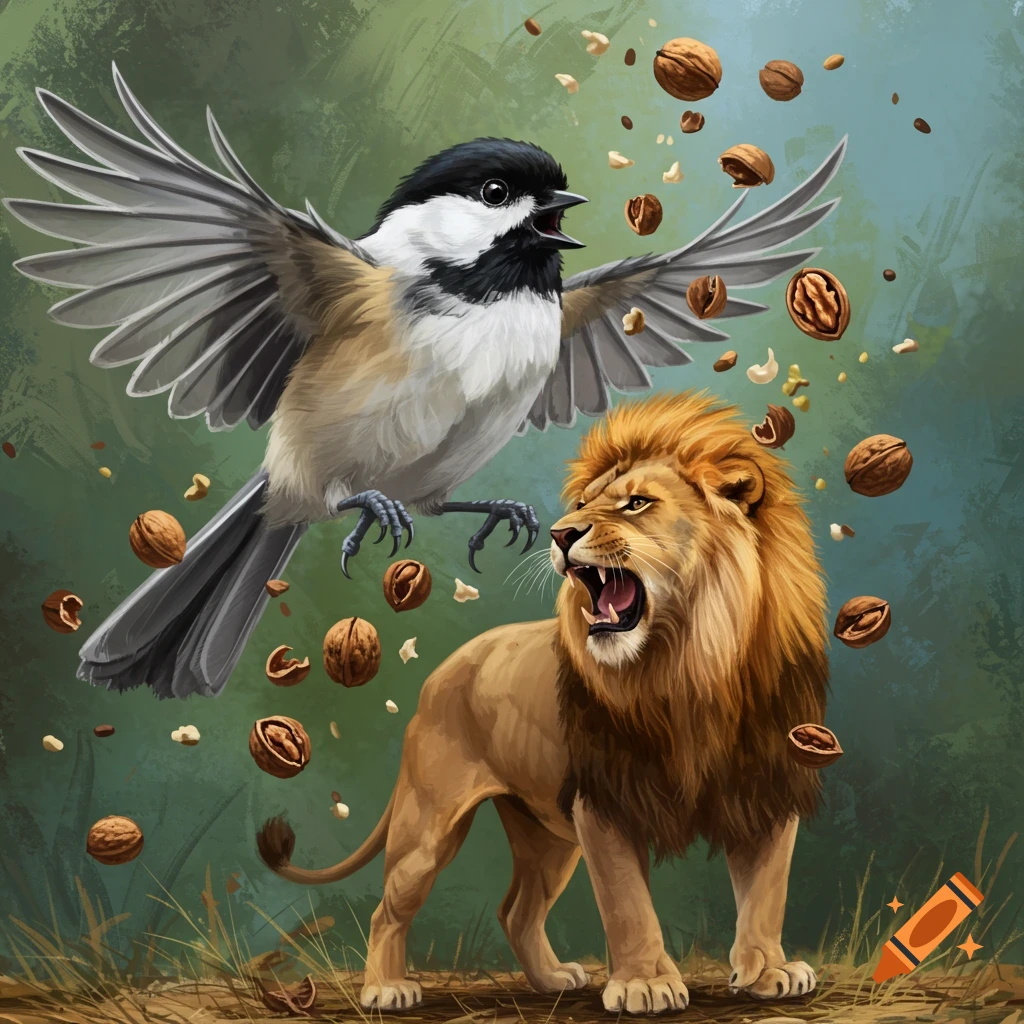 A giant chickadee and lion roaring as walnuts rain down on Craiyon