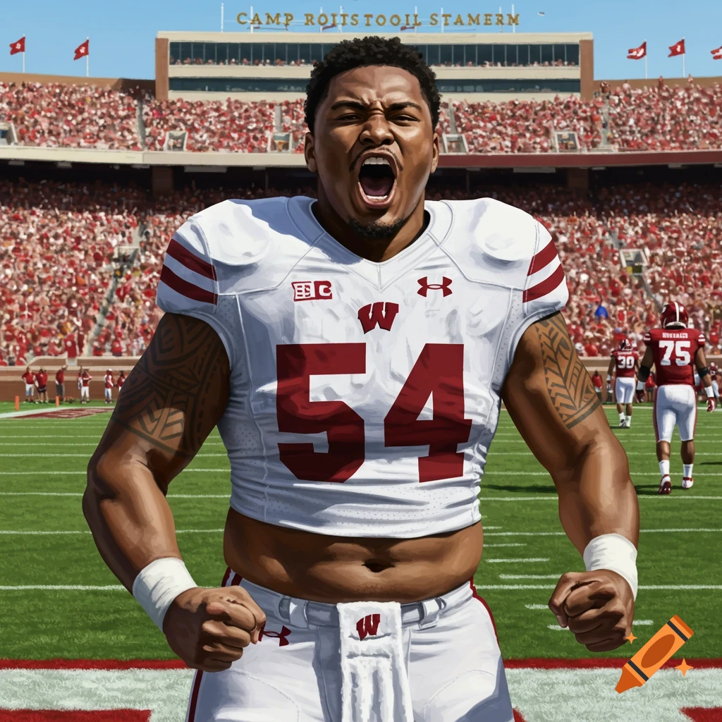 Samoan man playing football for the University of Wisconsin, wearing ...