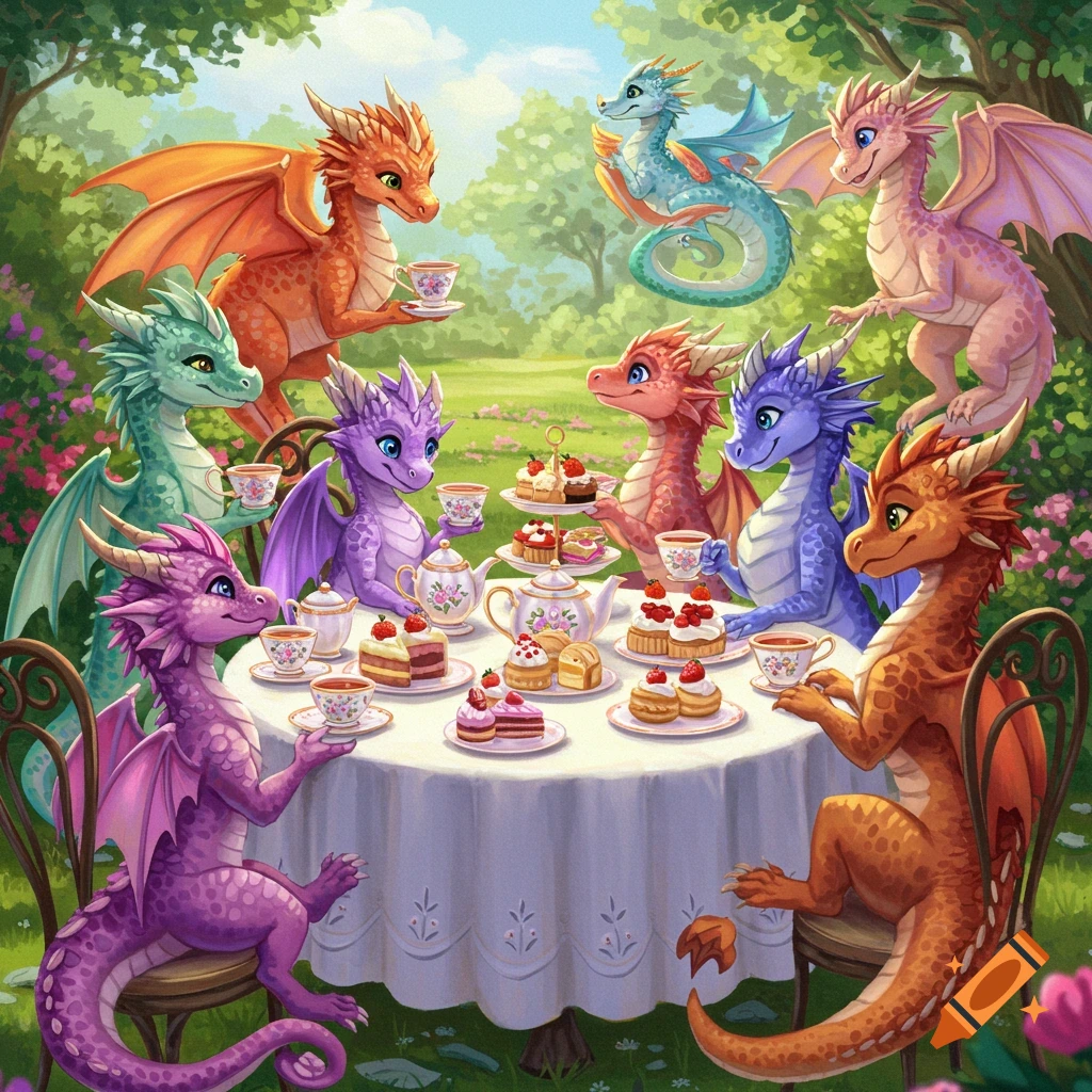 Colorful cartoon dragons have a tea party around a table in a garden ...