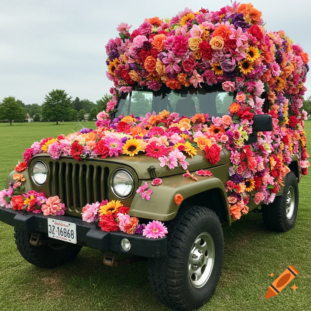 A green Jeep covered in bright, colorful artificial flowers sits in a ...