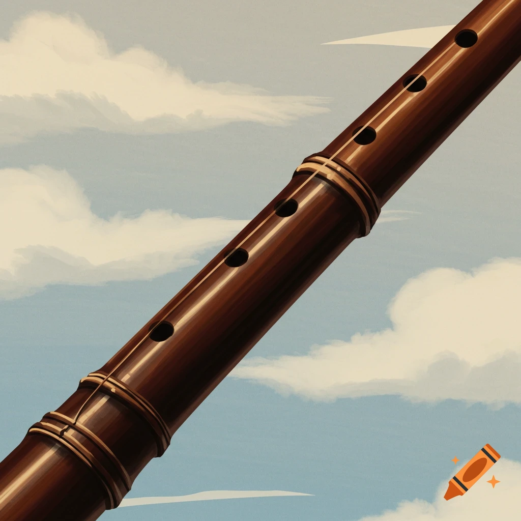 A brown shakuhachi flute is shown against a sky with clouds. on Craiyon