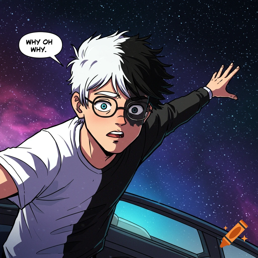 Archie style comic of a man with black and white hair flying through ...