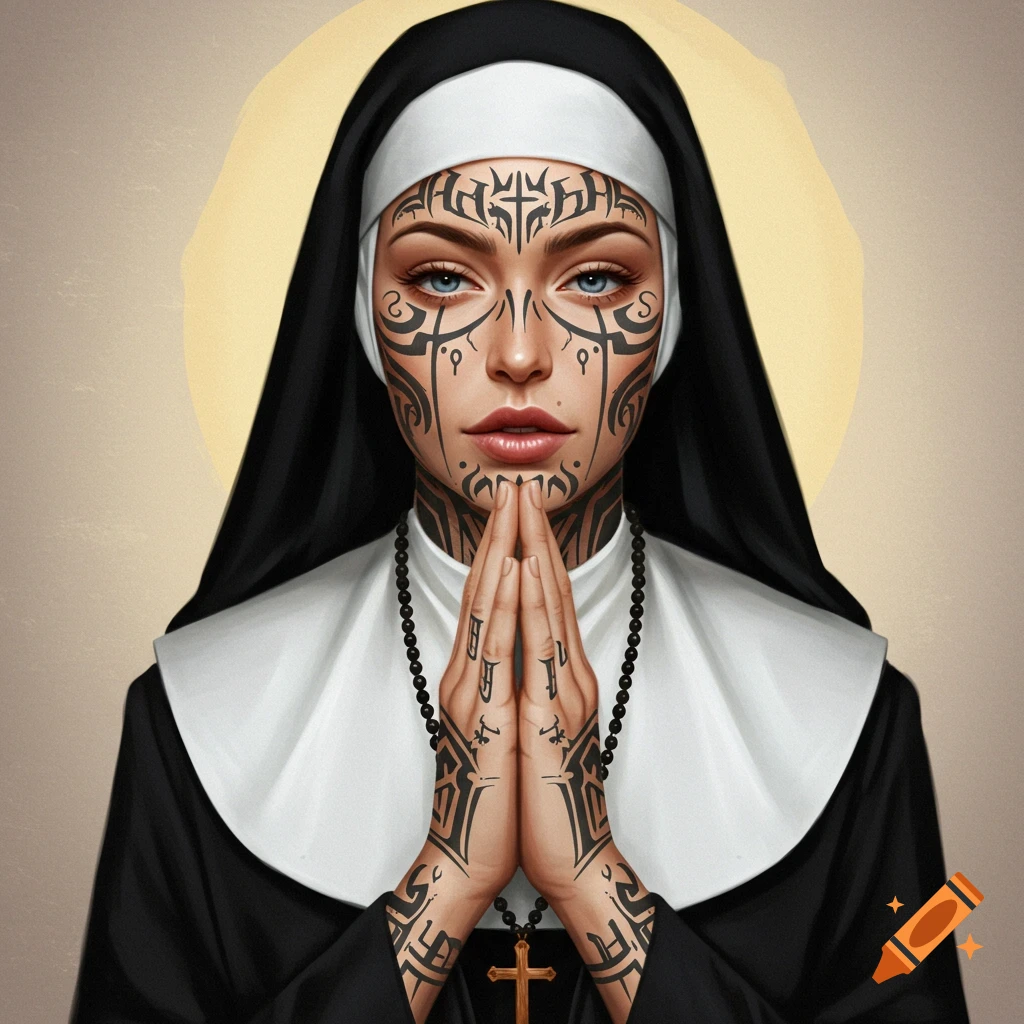 A praying nun with extensive face and hand tattoos. on Craiyon