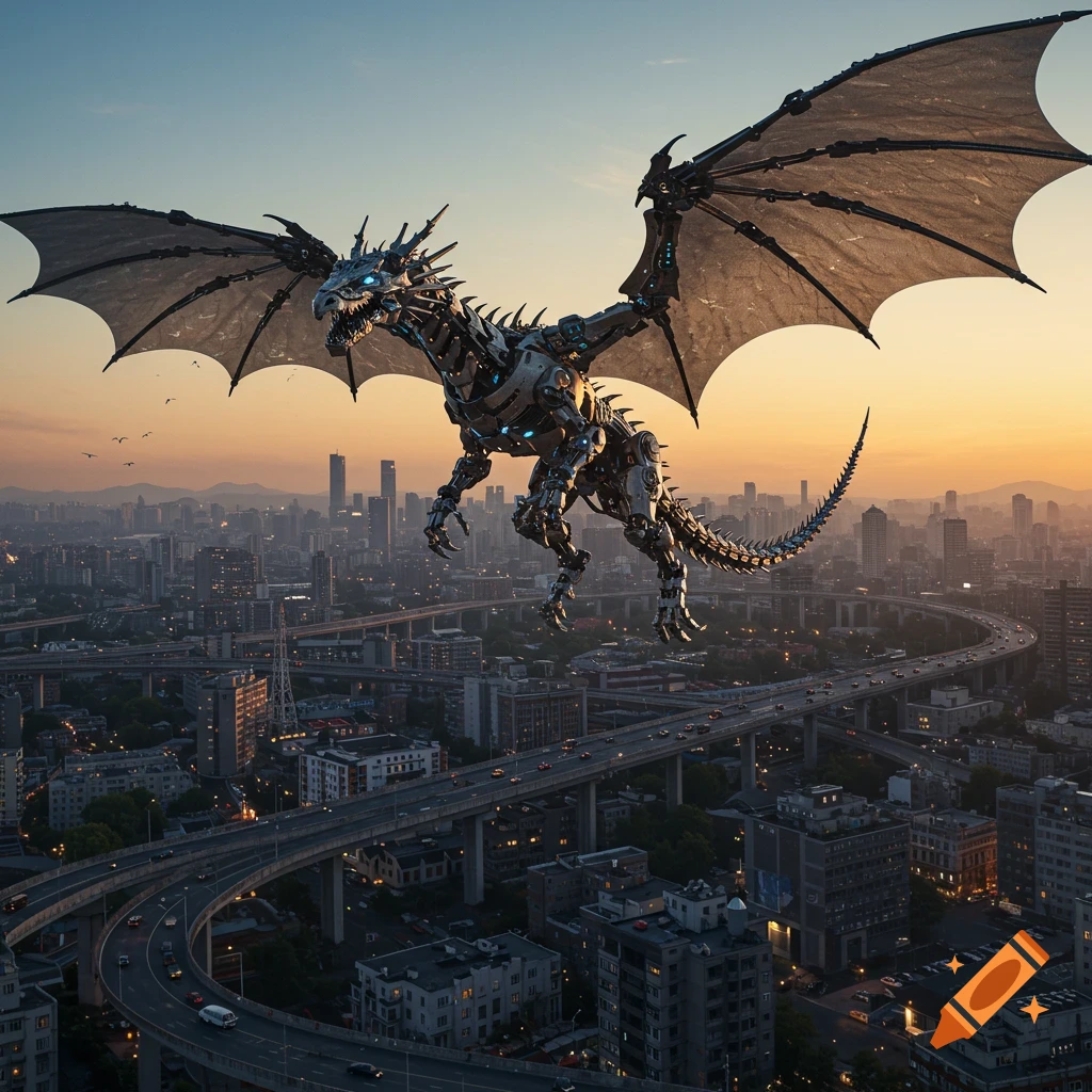 Large robotic dragon flying over a city on Craiyon
