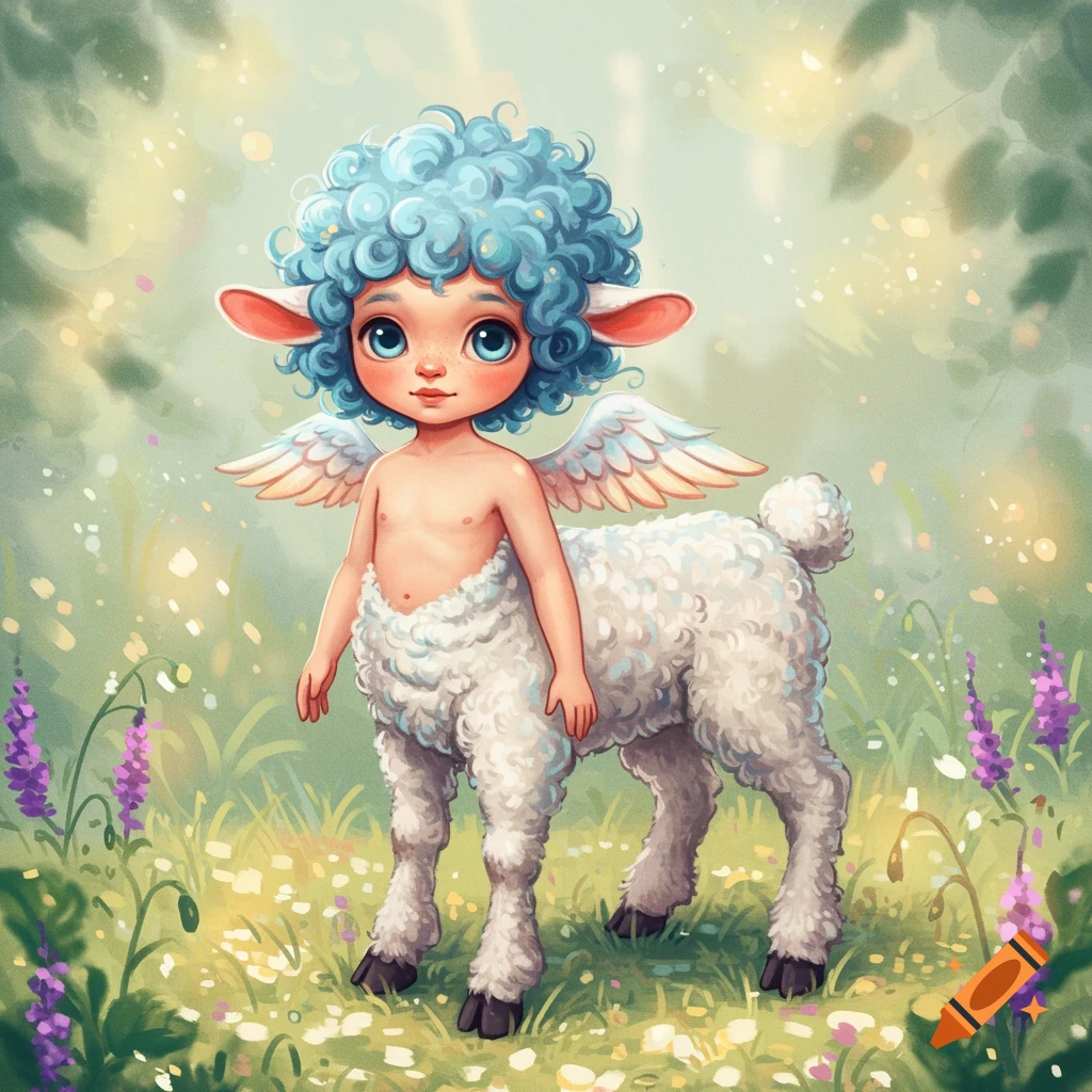 Delicate faun satyr child with lamb and boy features, blue curly hair on Craiyon