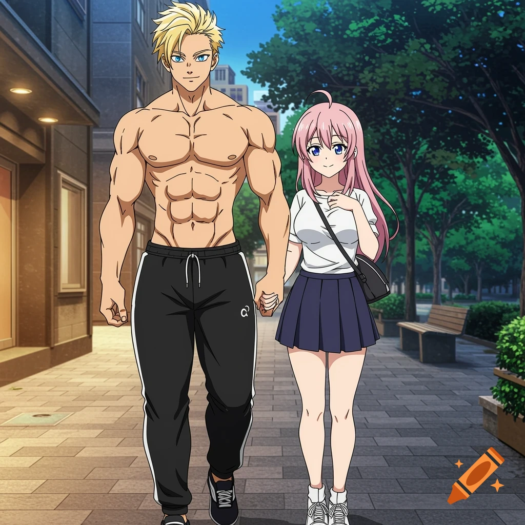 Buff anime man on romantic date with anime woman on Craiyon