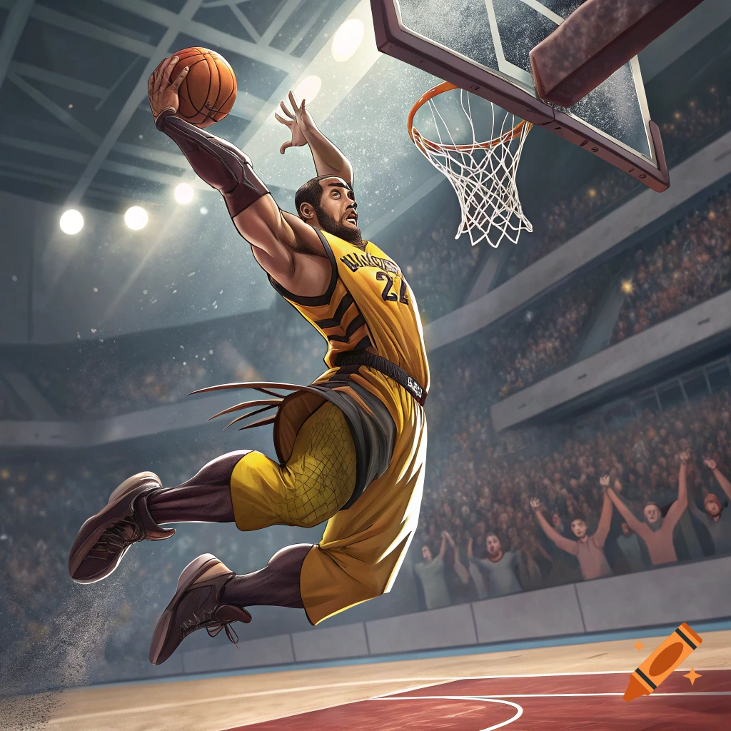 A boy with Down syndrome dunks a basketball on a brightly lit court ...