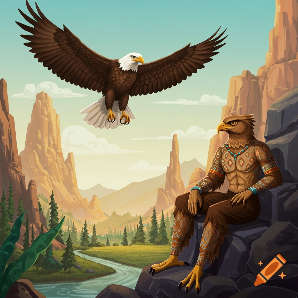 Surreal digital painting of eagles in a fantastical landscape on Craiyon