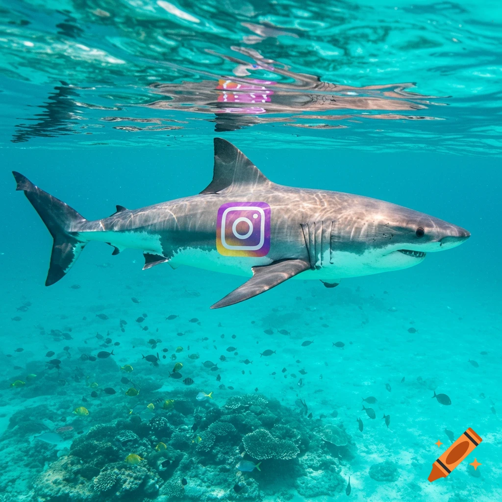 A great white shark swims underwater with an Instagram logo on its side ...