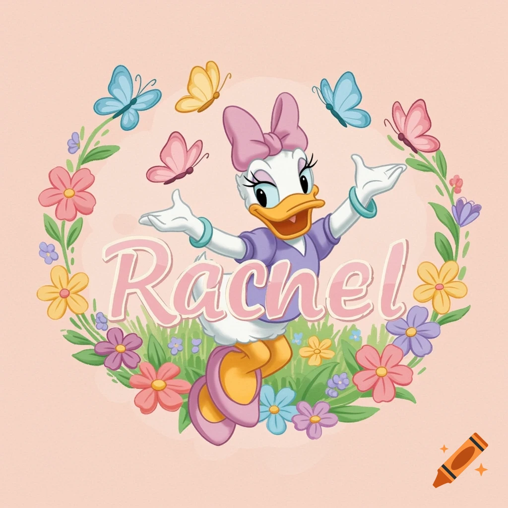 Illustration of Daisy Duck surrounded by flowers and butterflies with ...