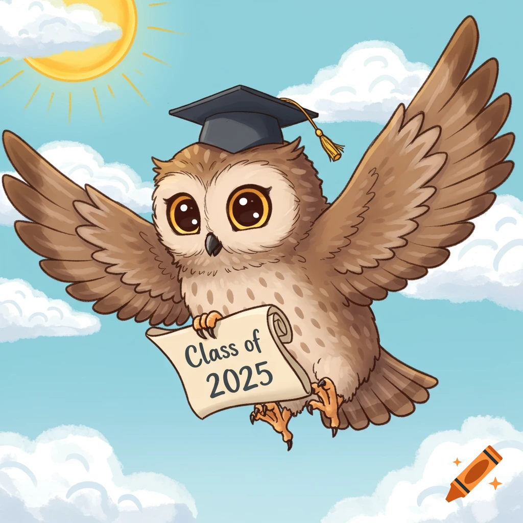 Cartoon owl mascot with graduation cap on Craiyon