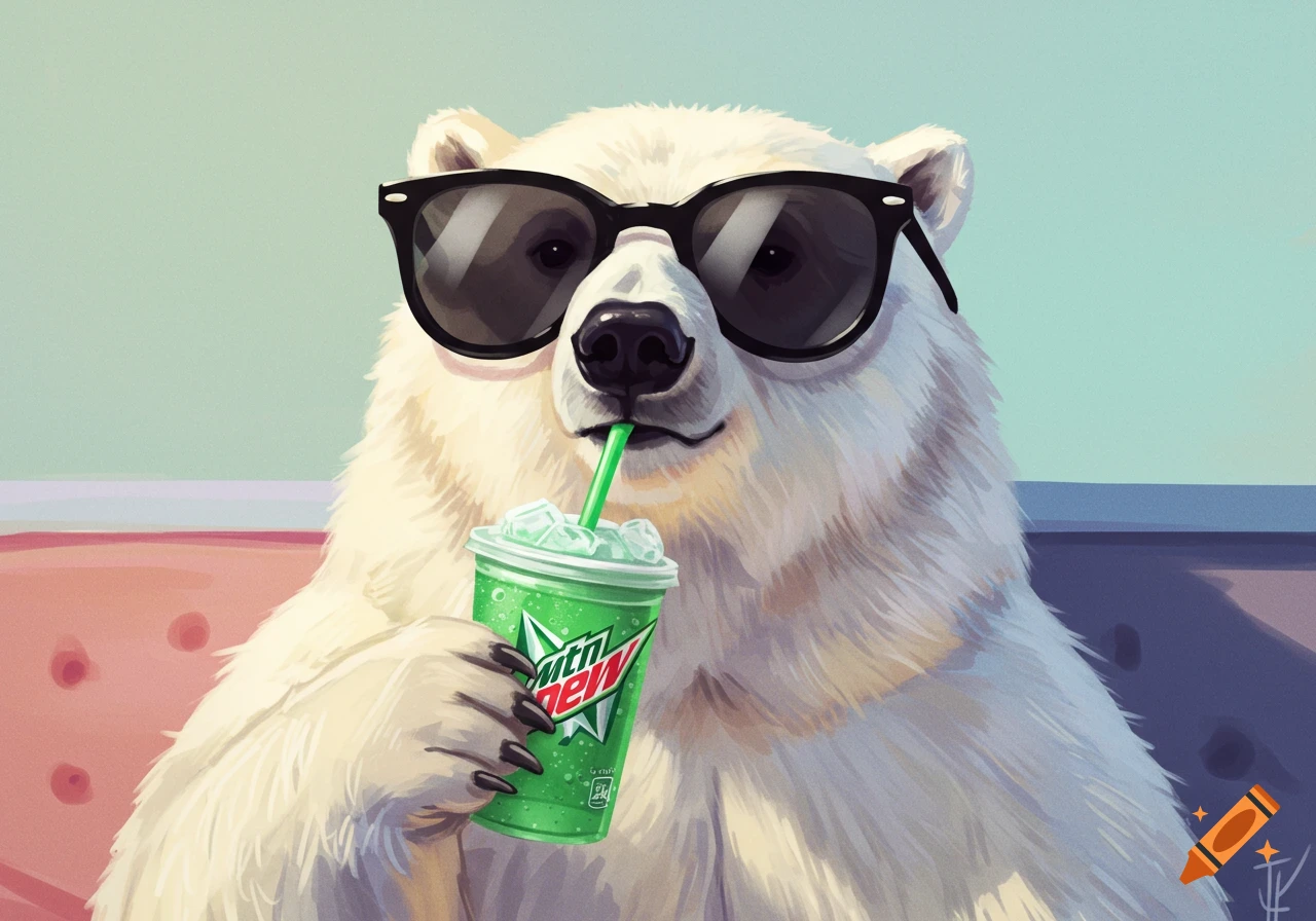 Polar bear with sunglasses drinking a Mountain Dew icee on Craiyon