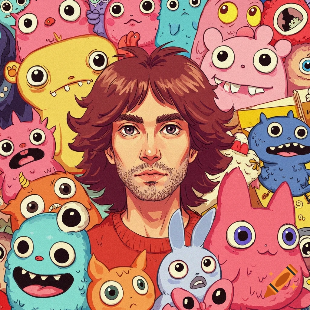 A person surrounded by colorful, stylized monsters in a pop art style ...
