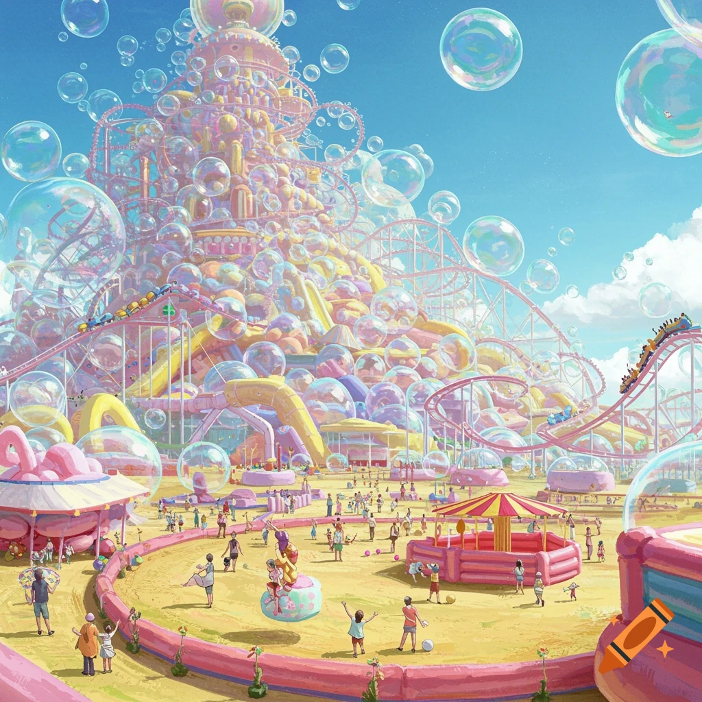 A whimsical theme park made of bubbles and bouncy castles, with people ...