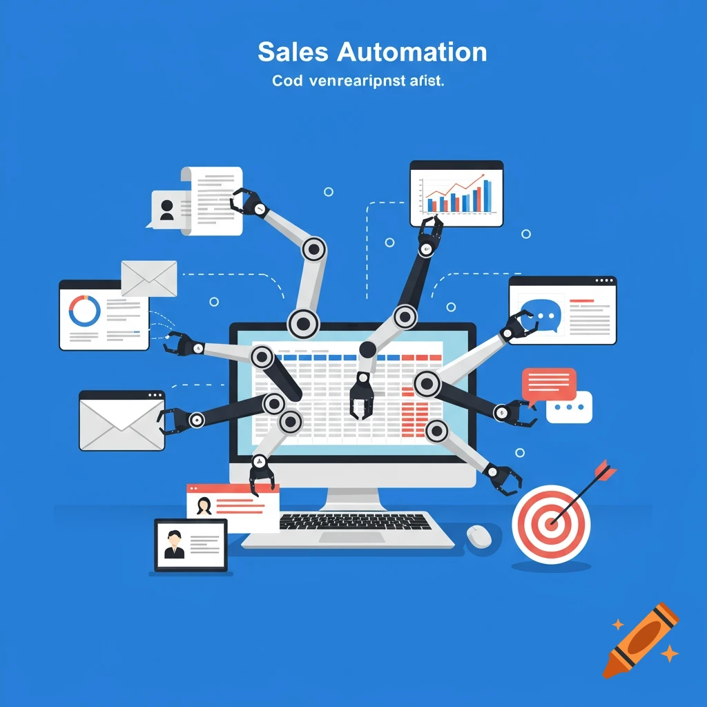 Stylized flat illustration of a laptop with robotic arms automating ...