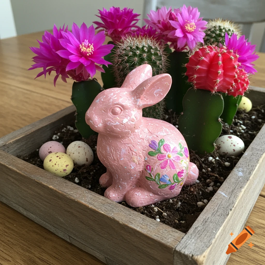 Pink bunny figurine with flowers, cacti, and Easter eggs in a tray. on ...