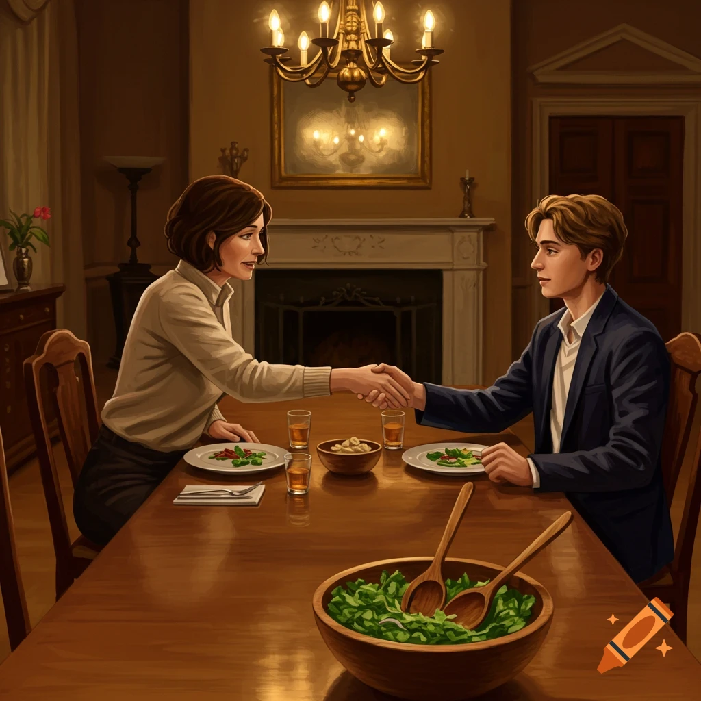 Two people at a long dining table, one asking for the salad on Craiyon