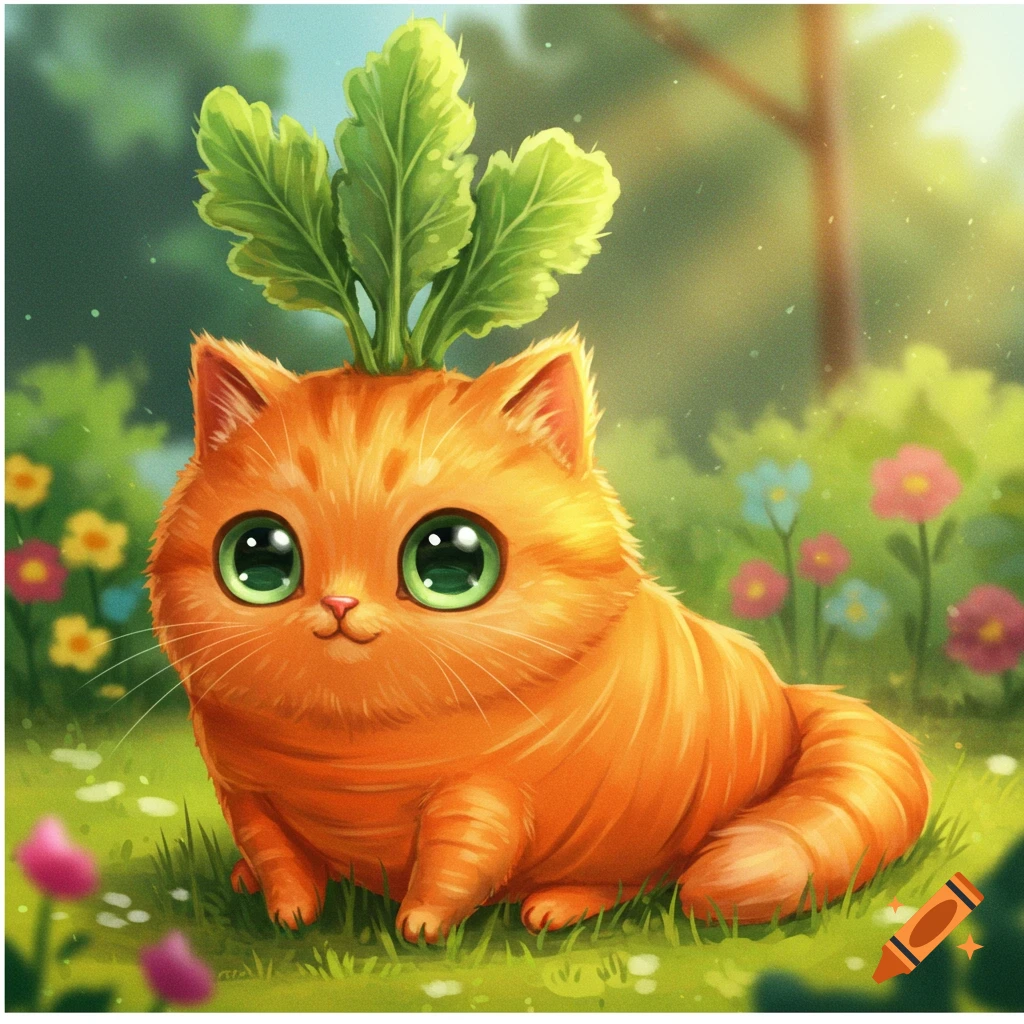 A cute, round orange cat with green leaves growing from its head ...