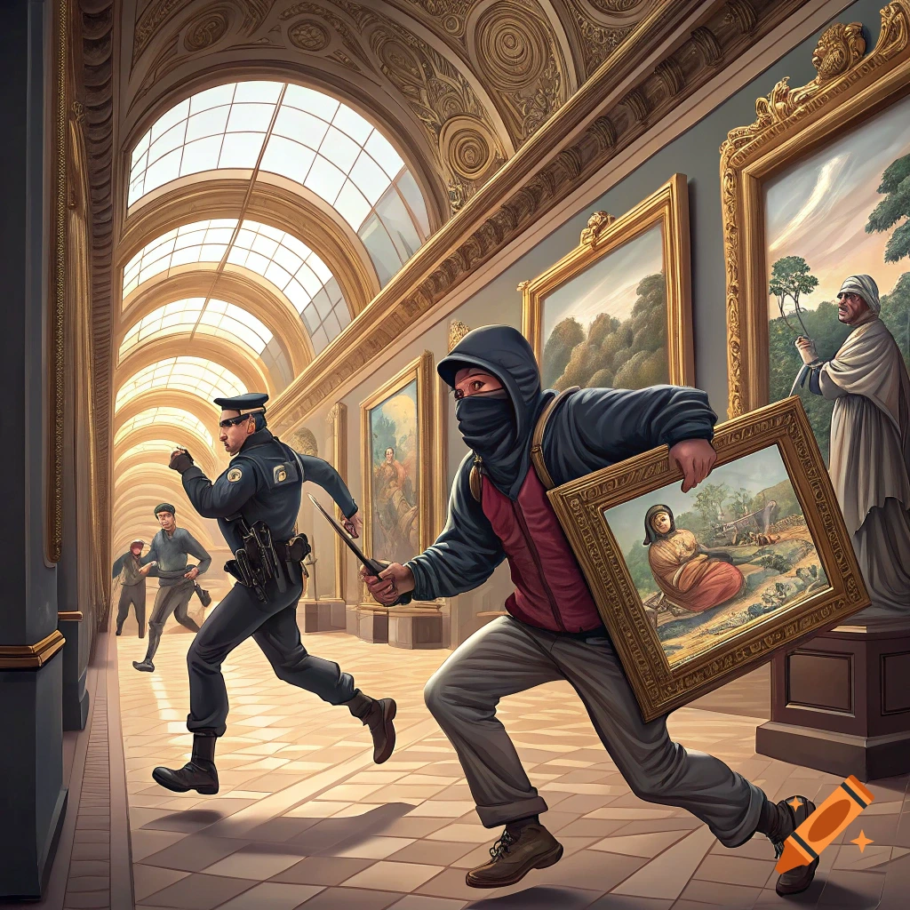 Robber stealing painting from museum, guards chasing them on Craiyon
