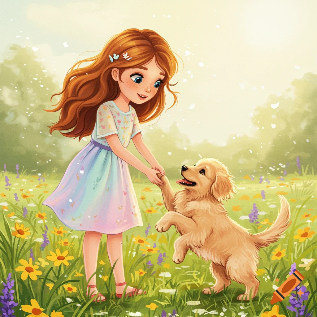 Girl and dog holding hands on Craiyon