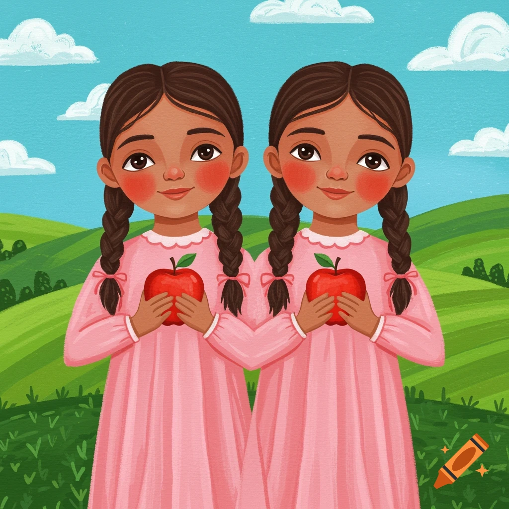 American folk art painting of twin girls in pink dresses holding apples ...