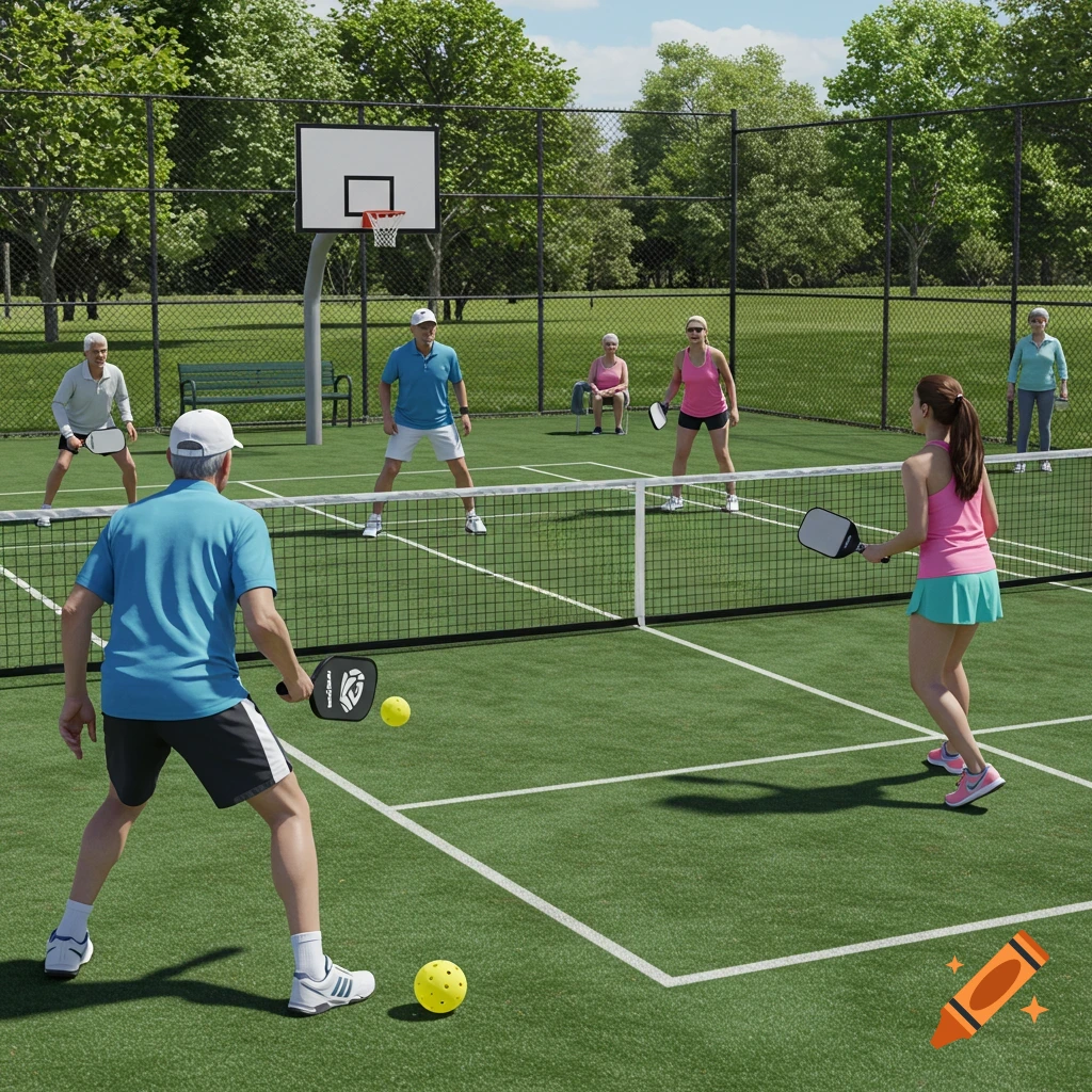 People playing pickleball on an outdoor court with a basketball hoop in ...