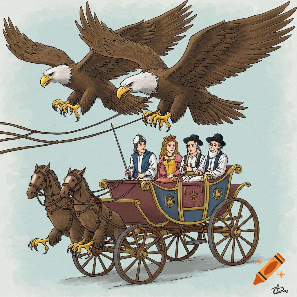 Flying carriage pulled by eagles with a medieval Spanish princess and a ...