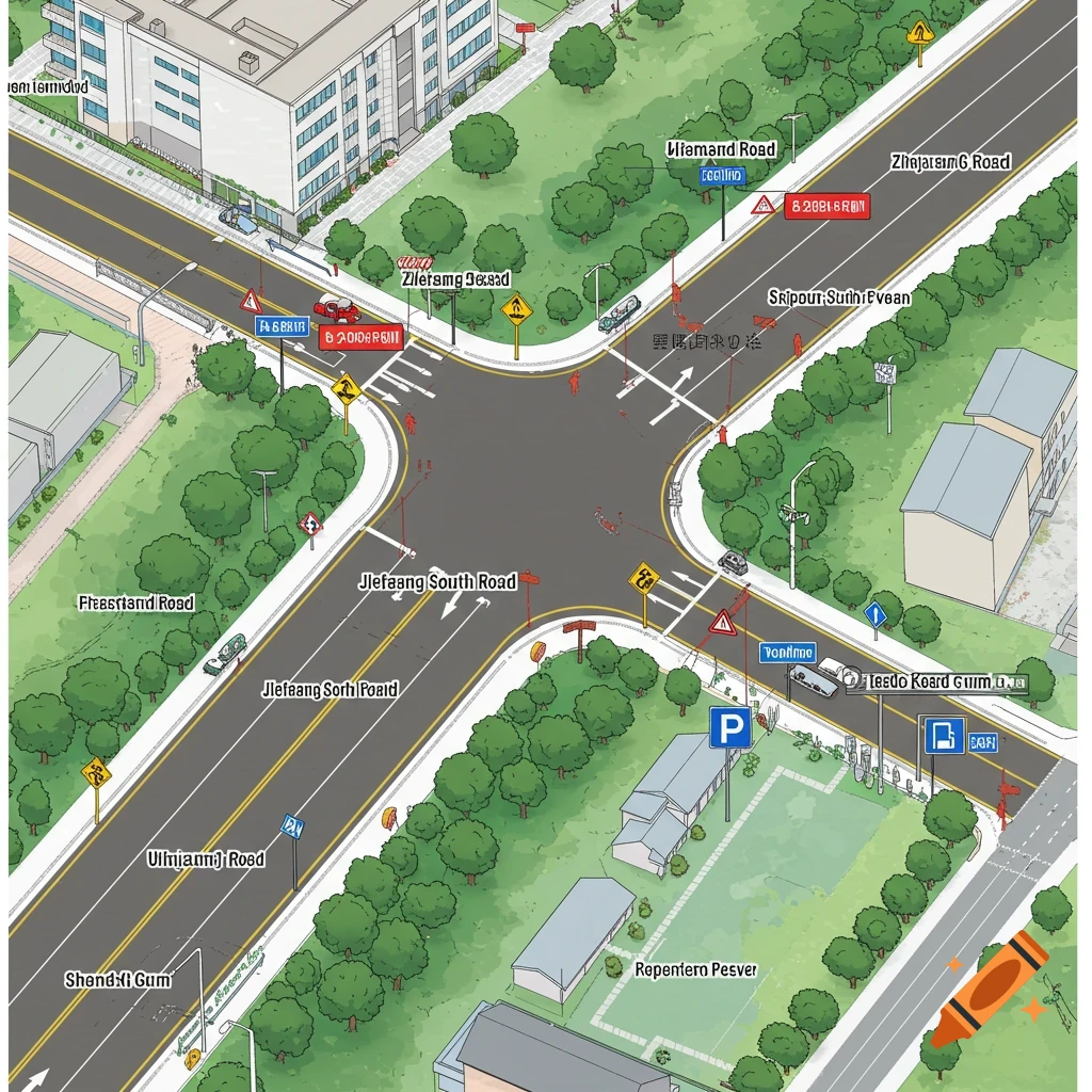 Technical 2D CAD drawing of road intersection with annotations on Craiyon