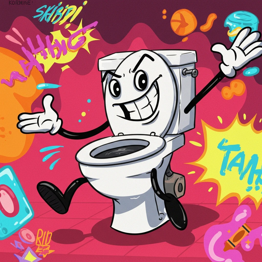 A cartoon toilet character with arms and legs runs and waves in a ...