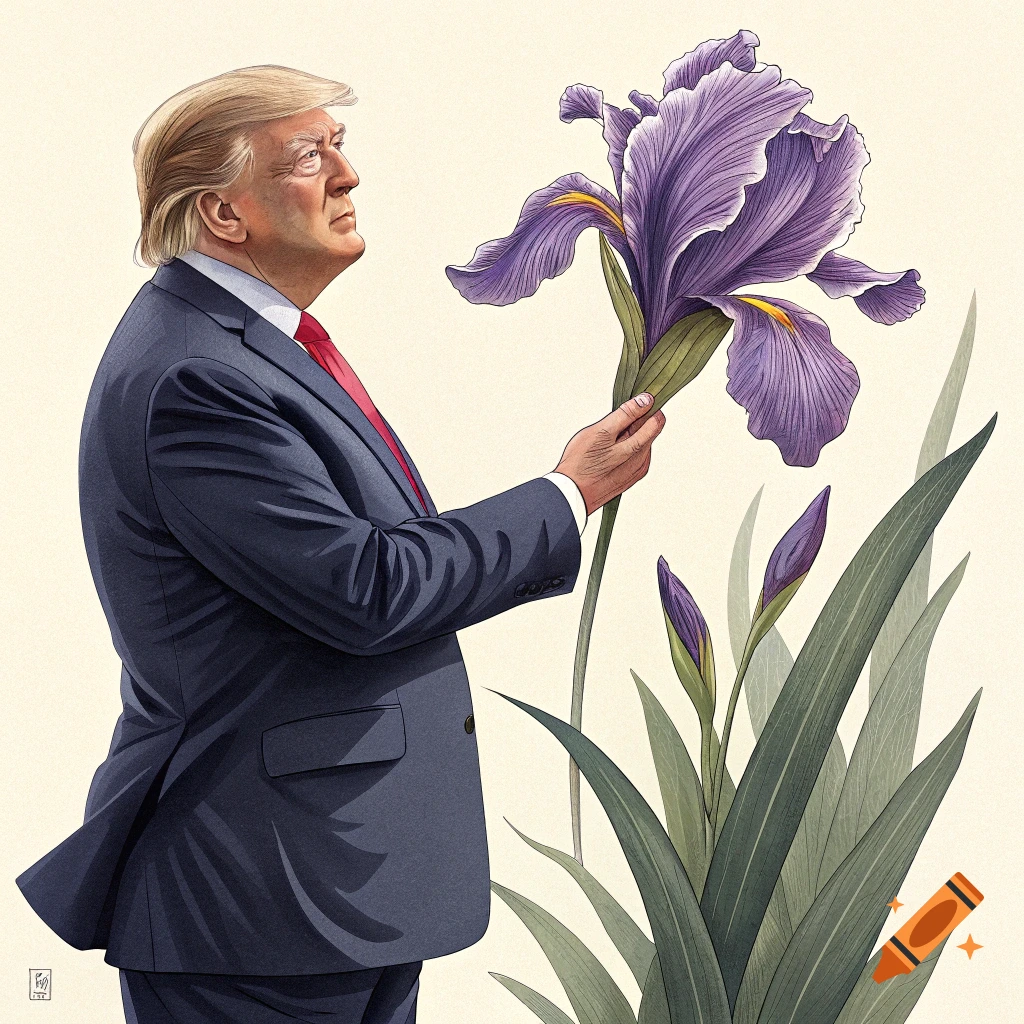 Illustration of Donald Trump holding a large purple iris flower. on Craiyon