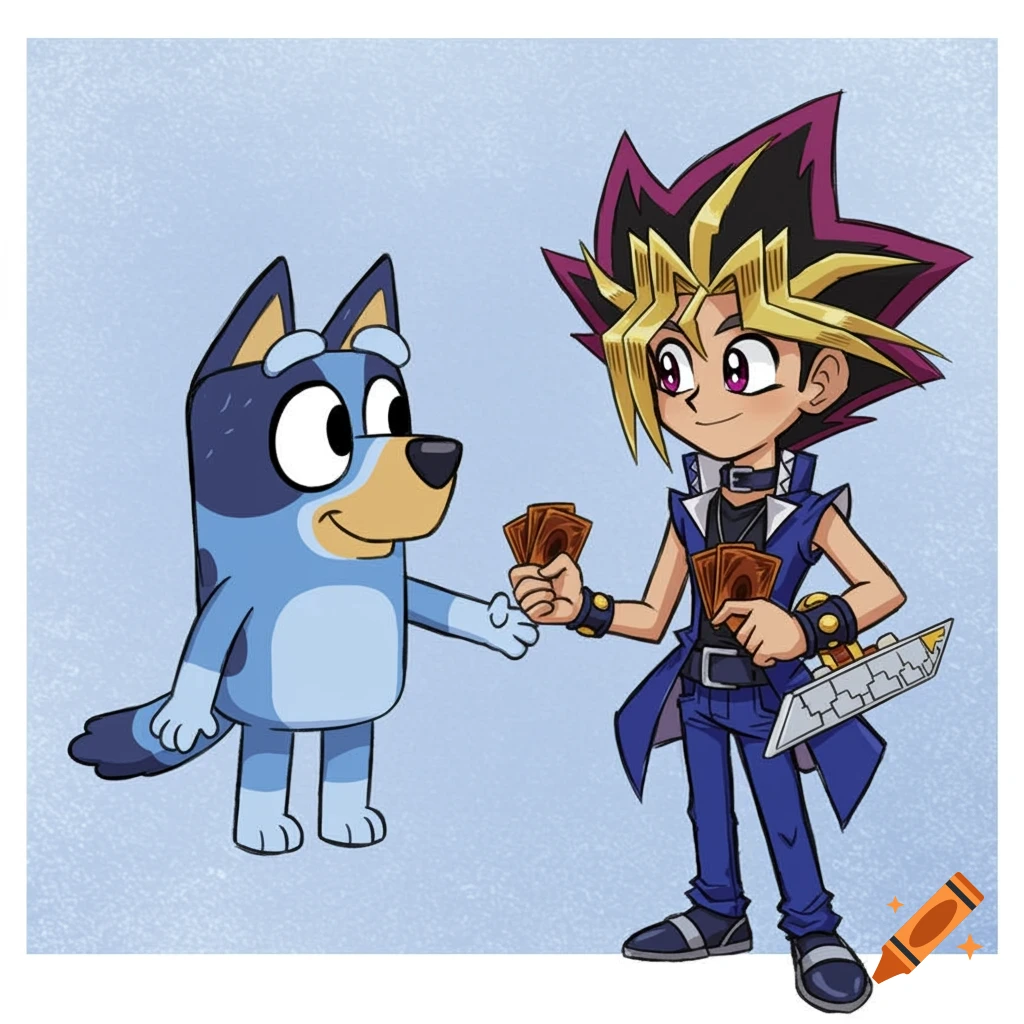 Bluey the dog and Yugi Moto from Yu-Gi-Oh! standing together, both ...