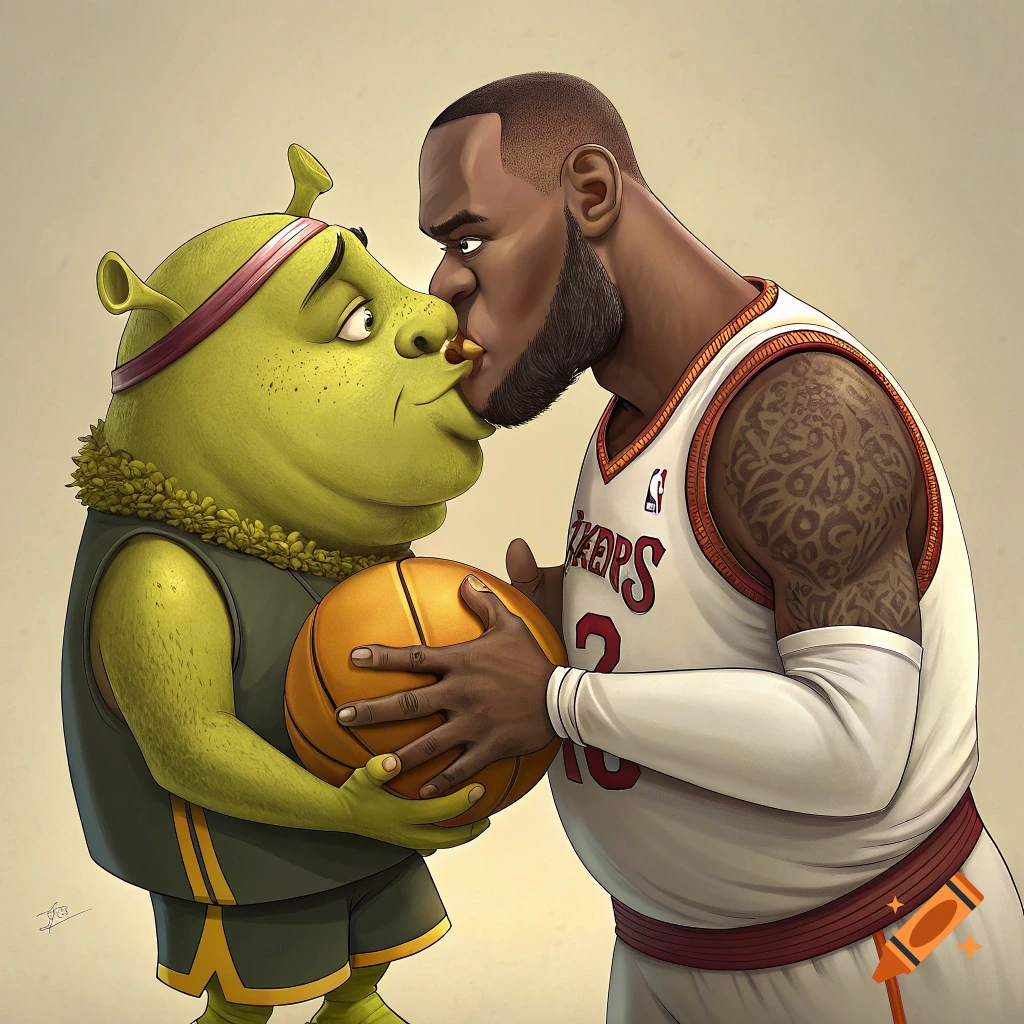 LeBron James kissing Shrek on Craiyon