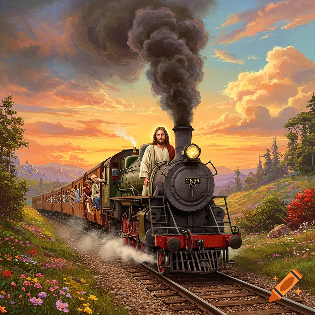 Jesus standing on the front of a train moving through a mountainous ...
