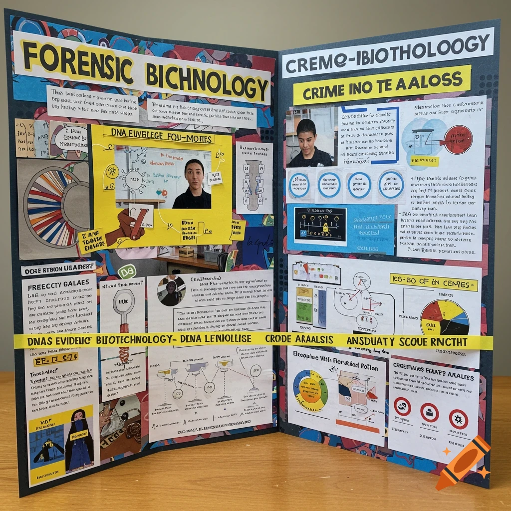 Forensic biotechnology crime solving science fair trifold on Craiyon